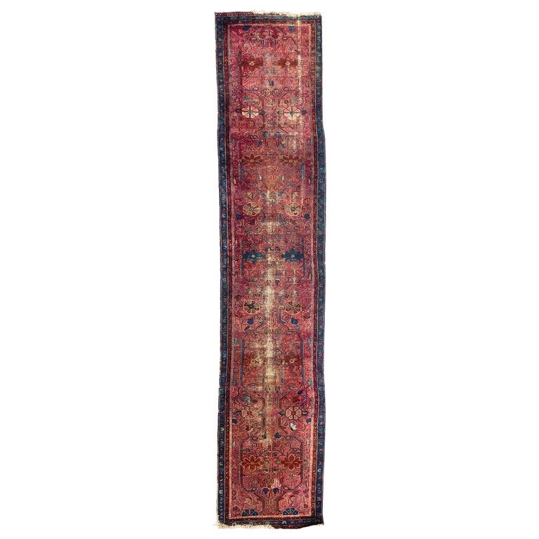 Rich Berry Colored "Painted Sarouk" Antique Runner with Lime Green, c ...