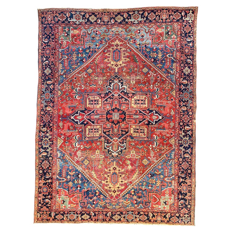 Antique Rug with Ice to Denim Blue with Greens and Stunning Crisp ...