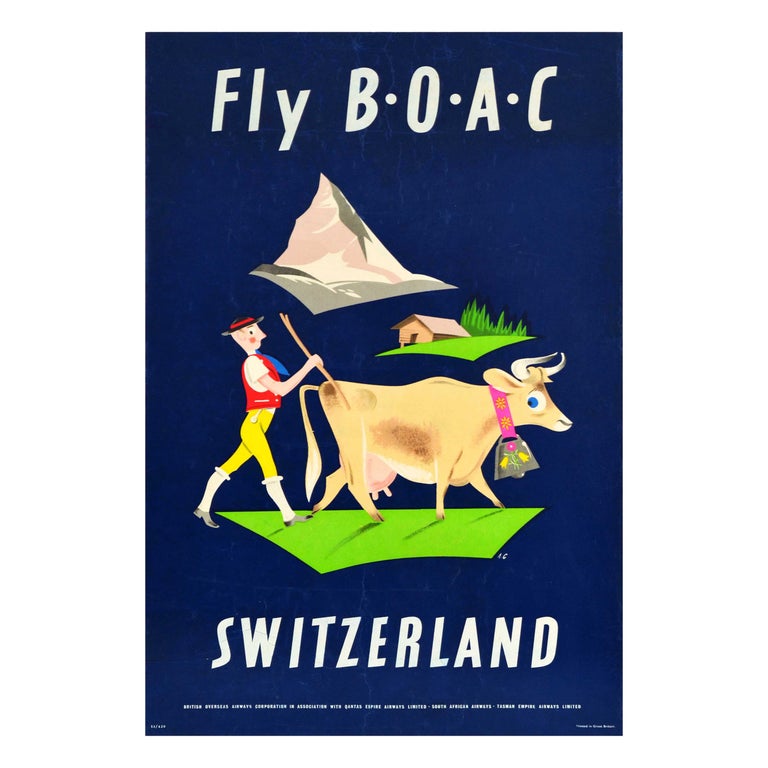 Original Vintage Travel Poster BOAC Airline Switzerland Aldo Cosomati ...