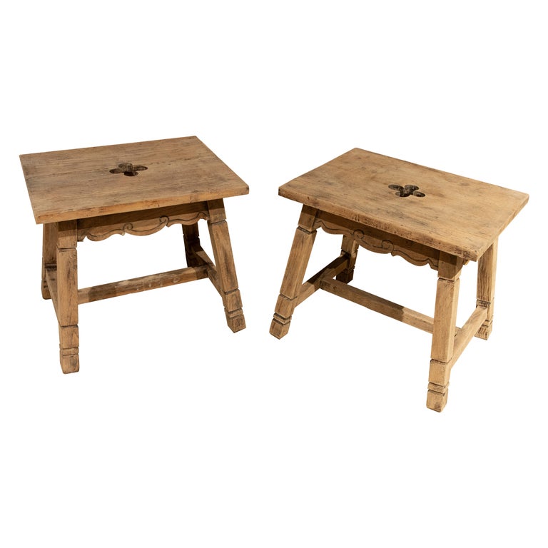 Pair of Natural Wooden Side Stools with Flower Decoration For Sale at ...