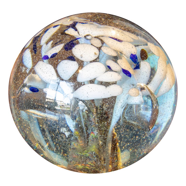 1950s Crystal Paperweight with Flower Decoration For Sale at 1stDibs