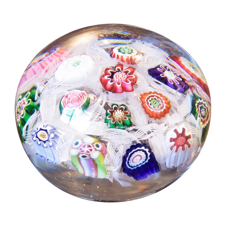 1970s Crystal Paperweight with Flower Decoration For Sale at 1stDibs