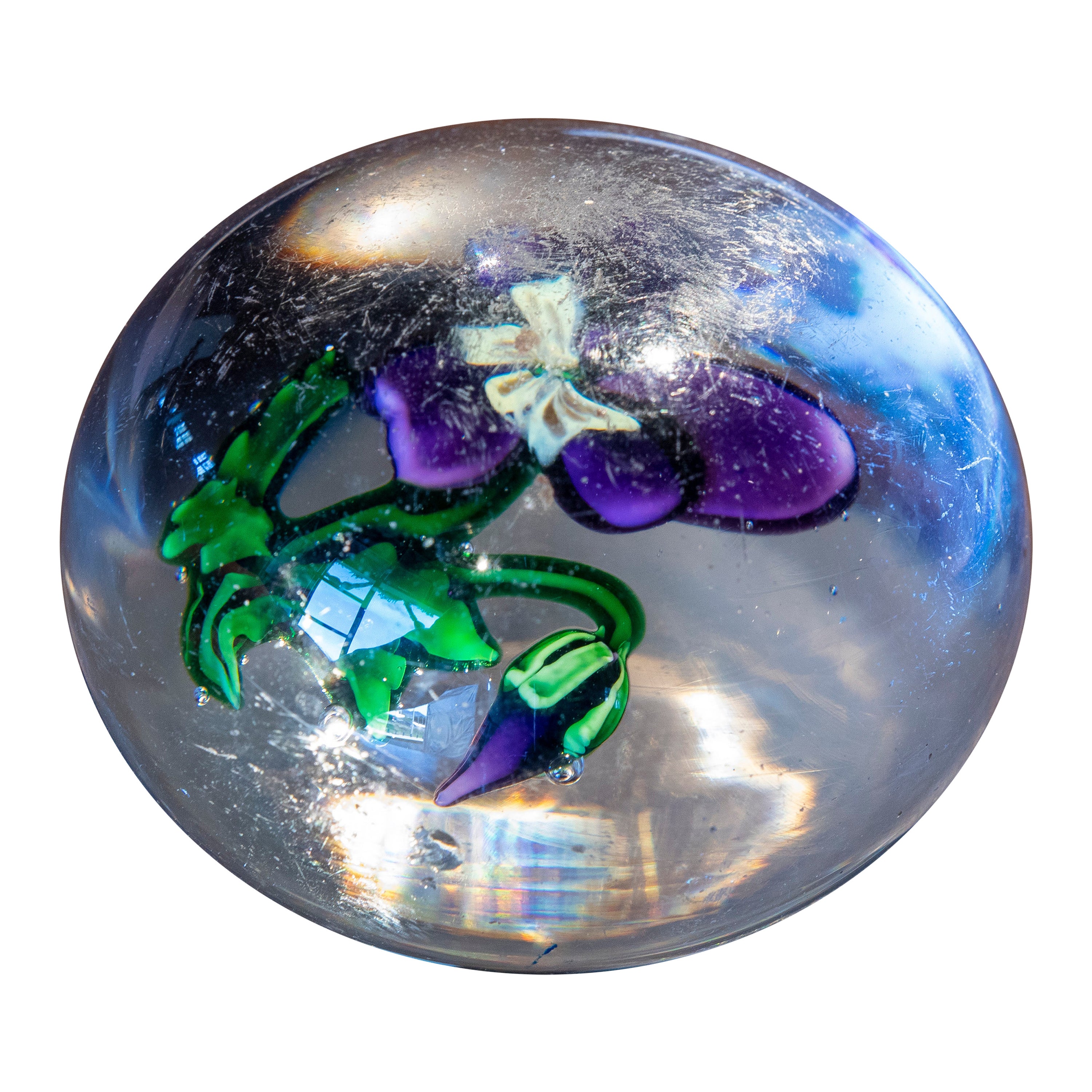 1970s Crystal Paperweight with Flower Decoration For Sale at 1stDibs