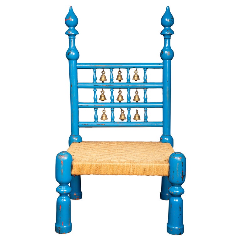 Blue Lacquer Painted Indian Chair with Bells For Sale at 1stDibs