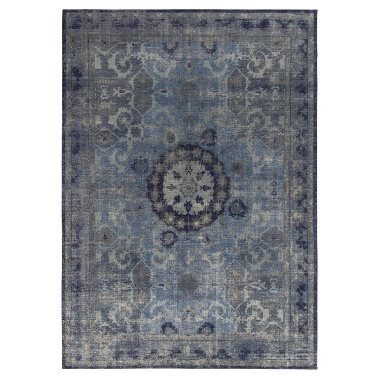 Rug and Kilim’s Distressed Transitional Style Rug in Blue, Gray ...