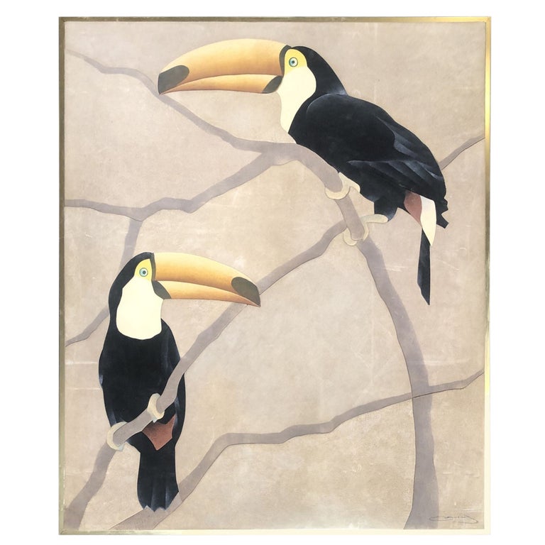 Large Suede Tropical Toucan Suede Wall Art, Signed For Sale at 1stDibs