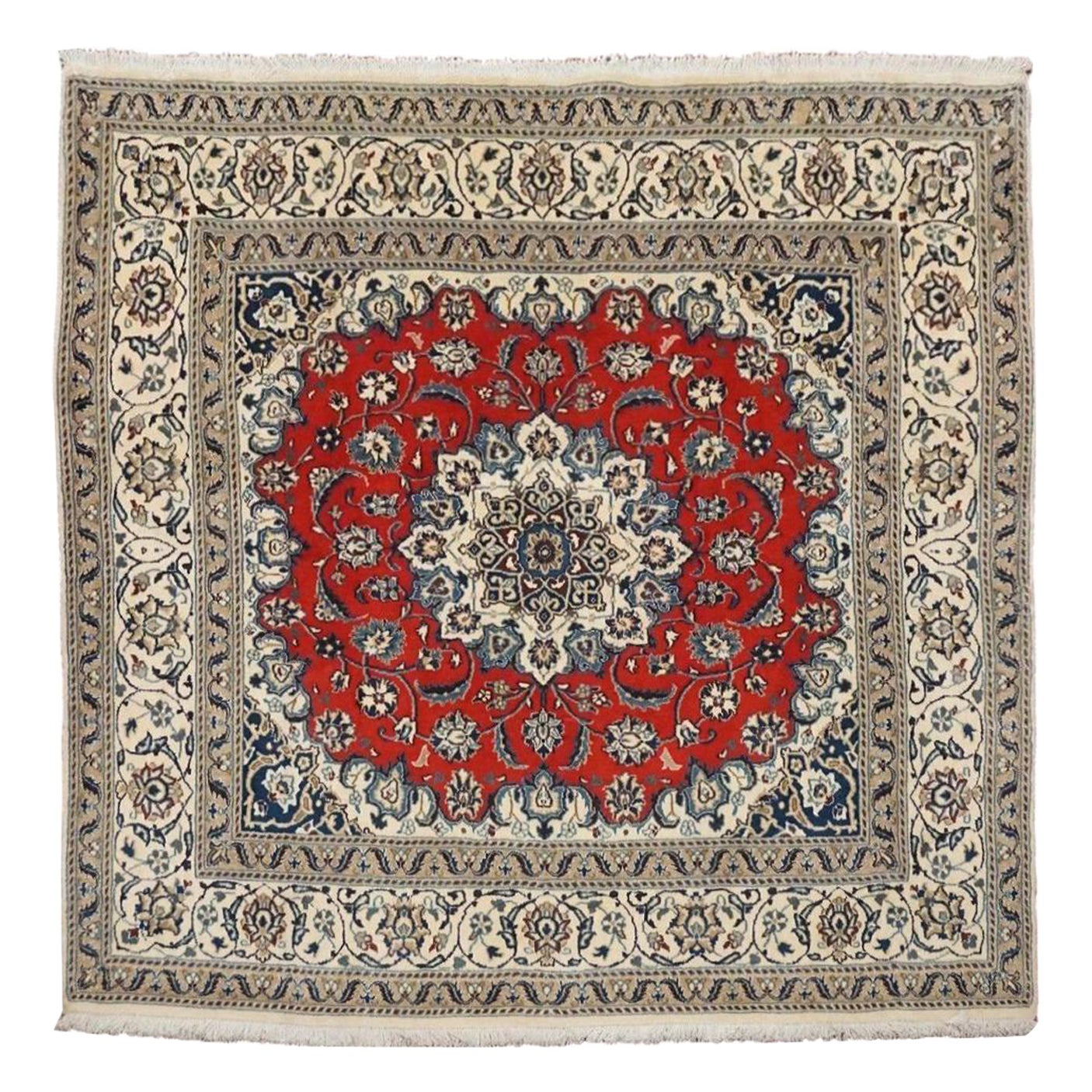 Square Wool and Silk Persian Naein Area Rug For Sale at 1stDibs