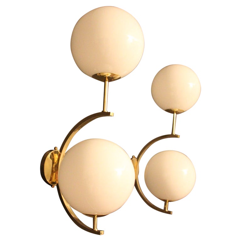 Modern Midcentury Pair of Brass and Large White Glass Sconces Stilnovo ...
