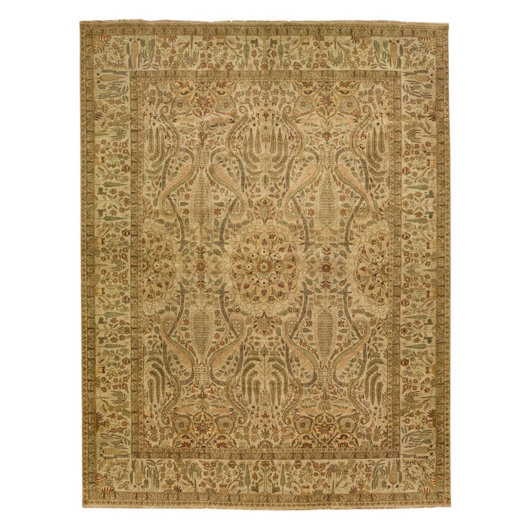 Tan Modern Indian Handmade Wool Rug With Allover Floral Motif For Sale ...
