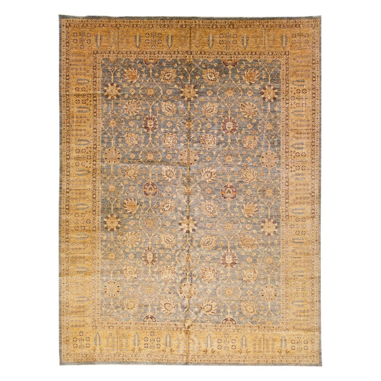 Blue Modern Peshawar Handmade Wool Rug With Palmettes Motif For Sale at ...