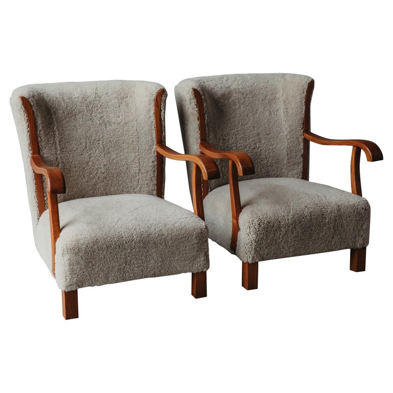 Vintage Pair of Shearling and Oak Lounge Chairs from Denmark, Circa ...