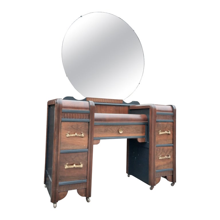Table de coiffeuse Art Déco avec miroir rond et table en cascade En ...