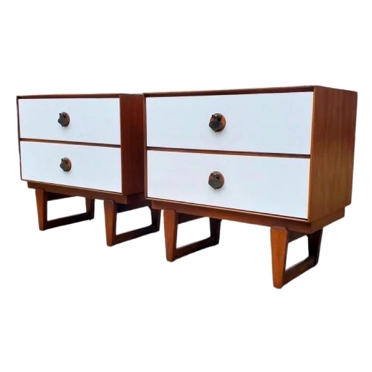 Vintage Mid Century 2 Drawer End Table Set Walnut Wood Spade Metal Hardware For Sale at 1stDibs