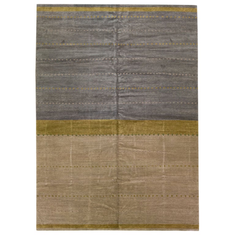 Modern Minimalist Tibetan Handmade Wool and Silk Rug in Earthy Tones ...