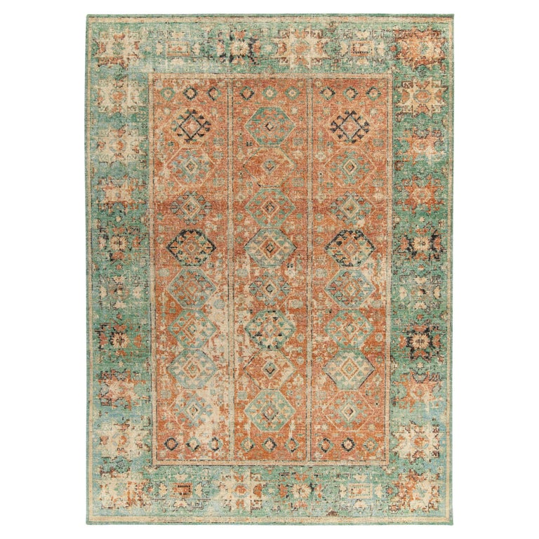 Rug and Kilim's Distressed Style Rug in Rust Orange, Green Tribal ...