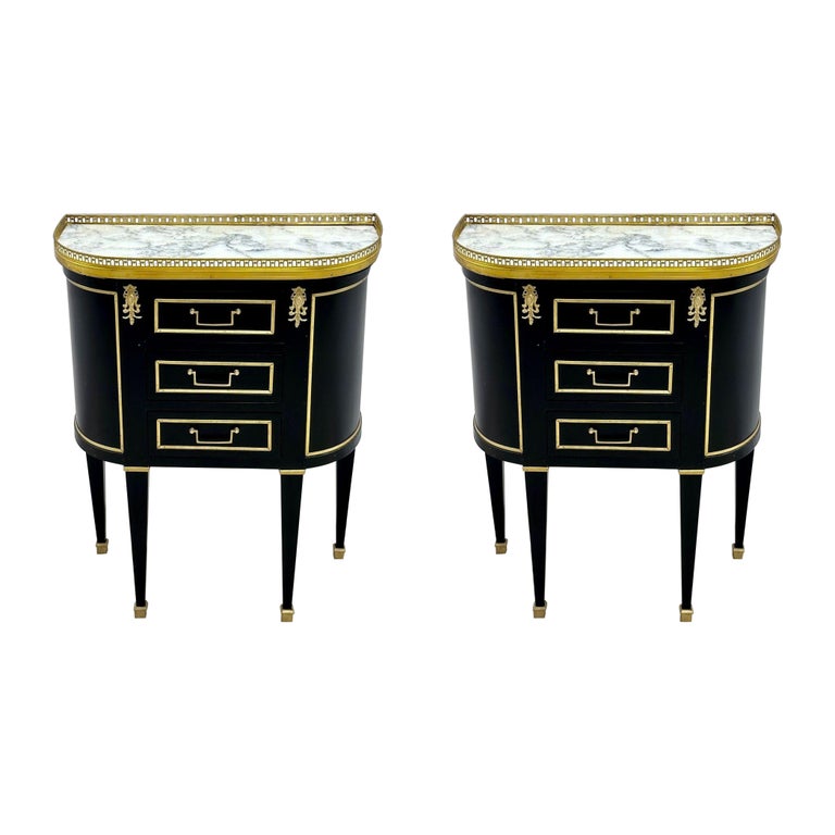 Pair Ebony Jansen Hollywood Regency End / Side Tables, Demi Lune, Marble Top For Sale at 1stDibs