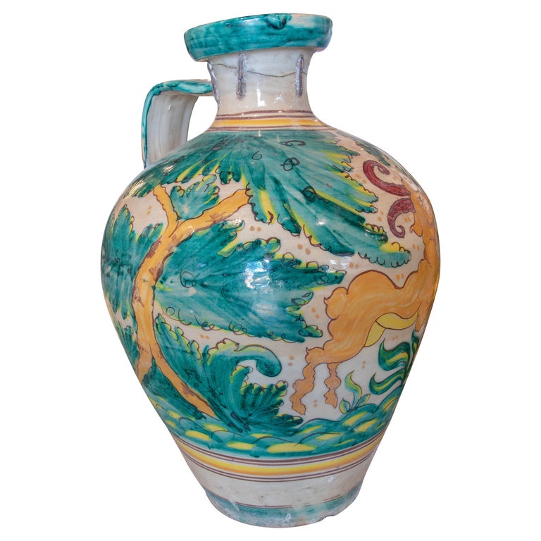 19th Century Spanish Talavera Ceramic Vase with Plants and Goat at 1stDibs