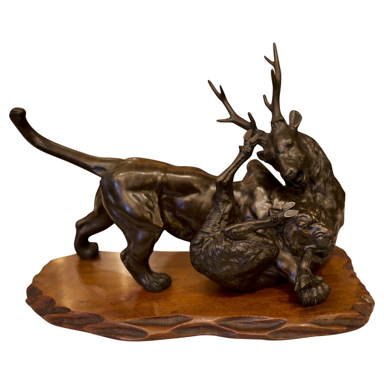 Japanese Meiji Bronze on Hardwood Base Tiger/Antelope For Sale at 1stDibs