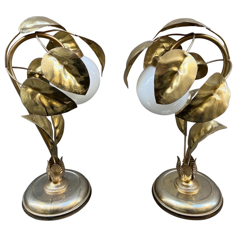 Pair Of Gilt Metal Leaves Table Lamps With White Glass Ball 1950s For Sale At 1stdibs
