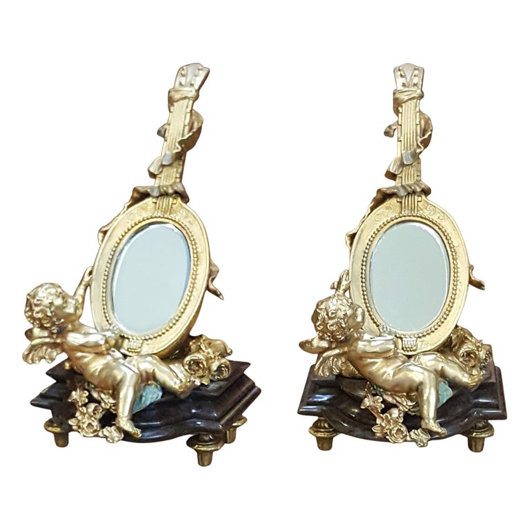 Pair of French 3rd Empire Gilt Bronze and Marble Dressing Table Mirrors ...