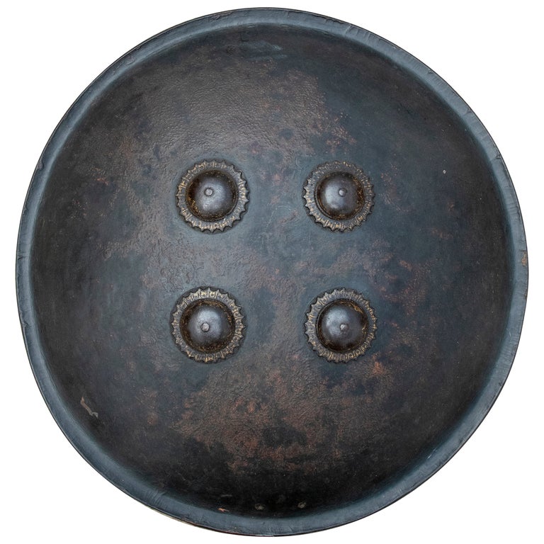 19th Century Mughal Leather Shield and Bronze Finials with Traces of ...