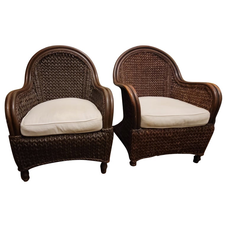 A Pair of 1980s Rattan and Rush Lounge Chairs with Ottoman Set For Sale ...