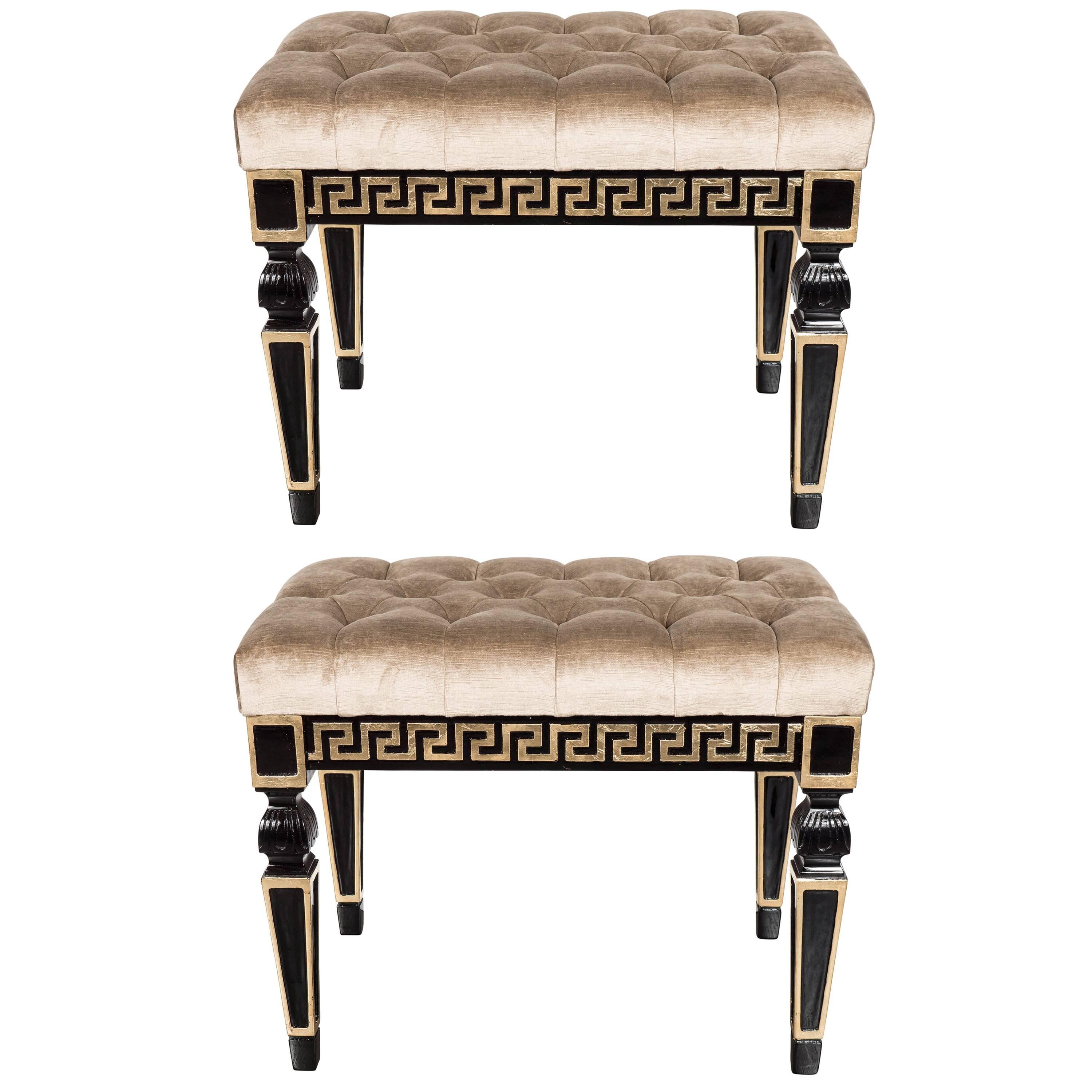 Stunning Pair of Mid-Century Modernist Greek Key Benches with Tufted ...