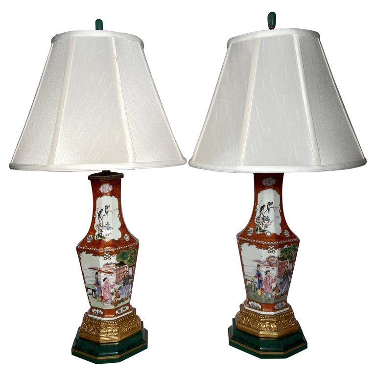 Pair Antique Chinese Export Rust Colored Porcelain Urns Made Into Lamps ...