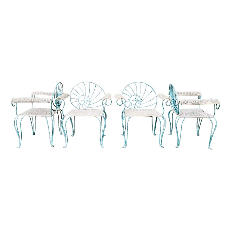 Art Nouveau Nautilus Shell Back Wrought Iron Arm Chairs with Wicker For ...