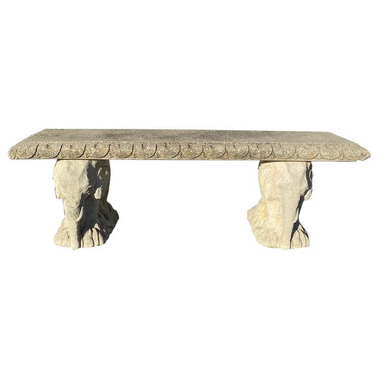 Striking Cast Stone Bench with Elephant Base Supports For Sale at 1stDibs