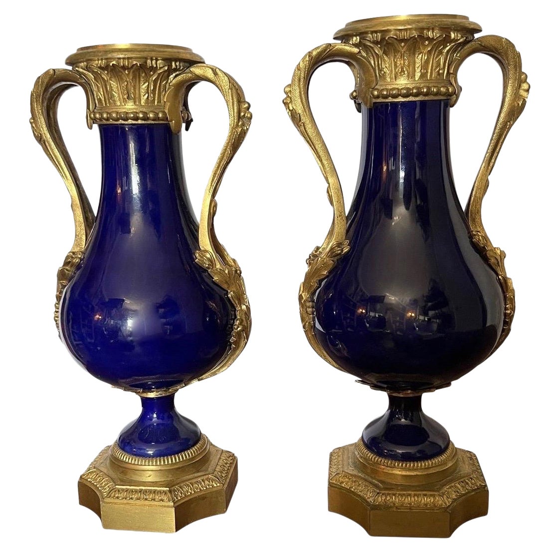 Pair of Large Louis XVI Style Cobalt Blue Sevres Bronze Mounted Urns ...