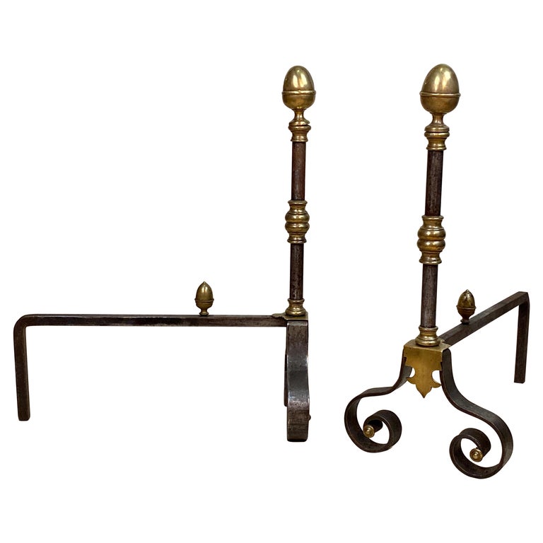 Brass Andirons Firedogs Burnished Steel Acorn Finials French For Sale ...