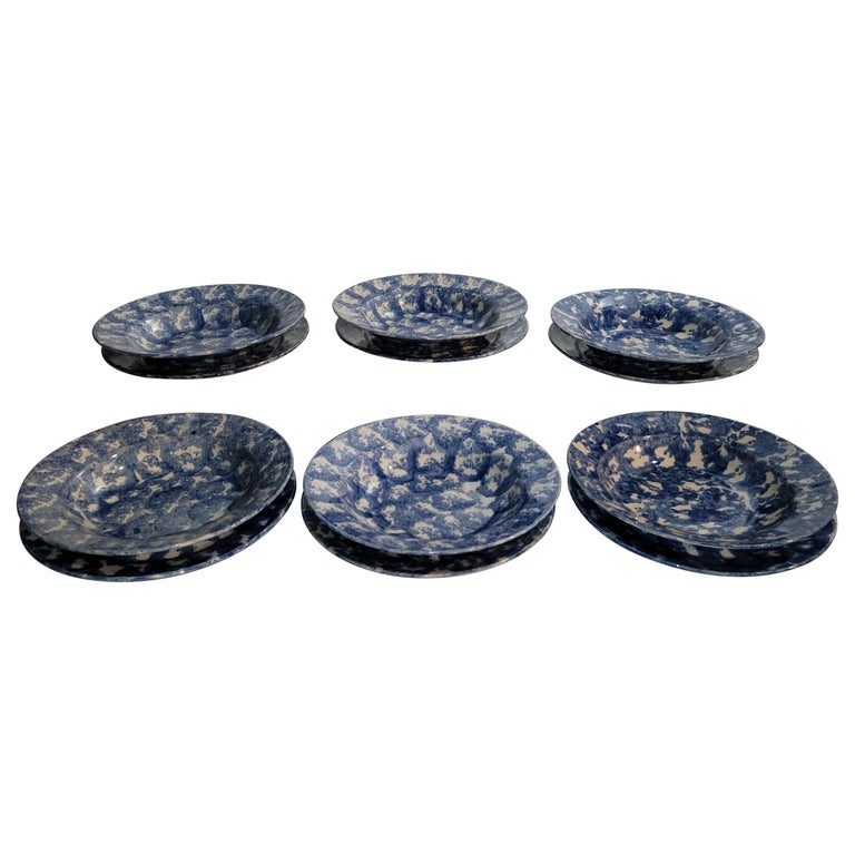 19Thc Sponge Ware Plates and Soup Bowls Set -12Pcs For Sale at 1stDibs