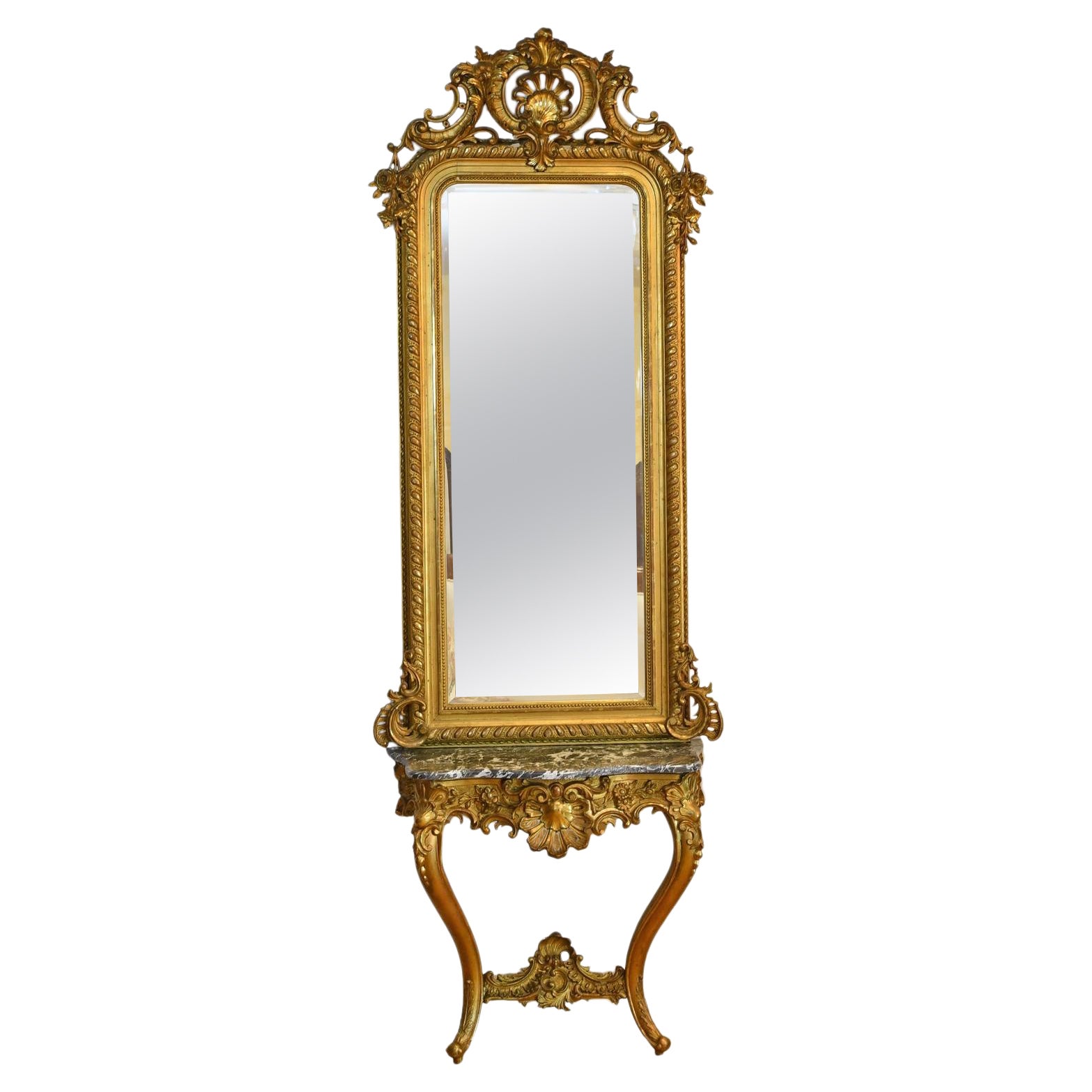 French Rococo Louis XV Style Giltwood Mirror and Console W/ Black and ...