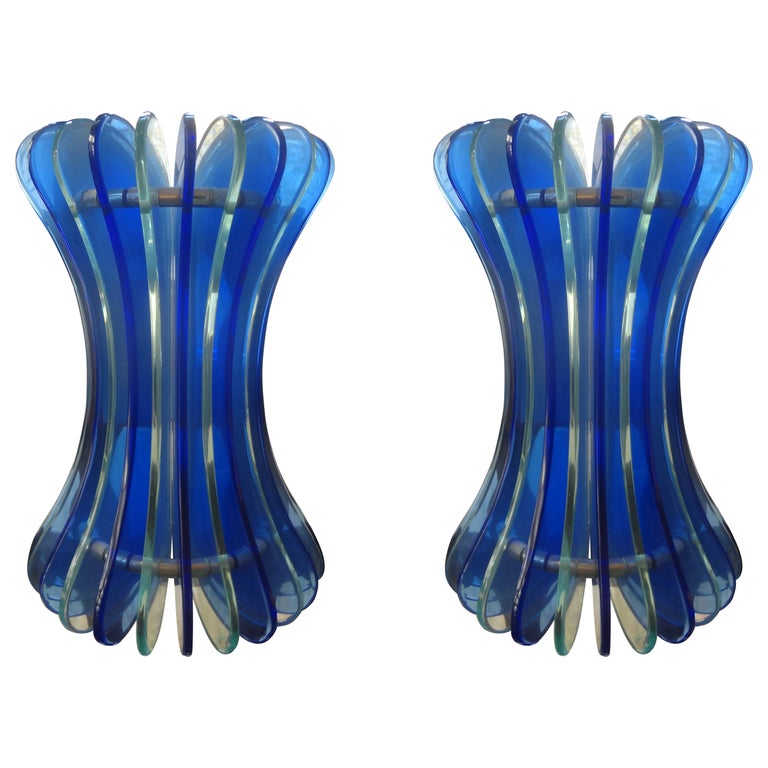 Pair of Italian Blue Glass Sconces by Veca For Sale at 1stDibs