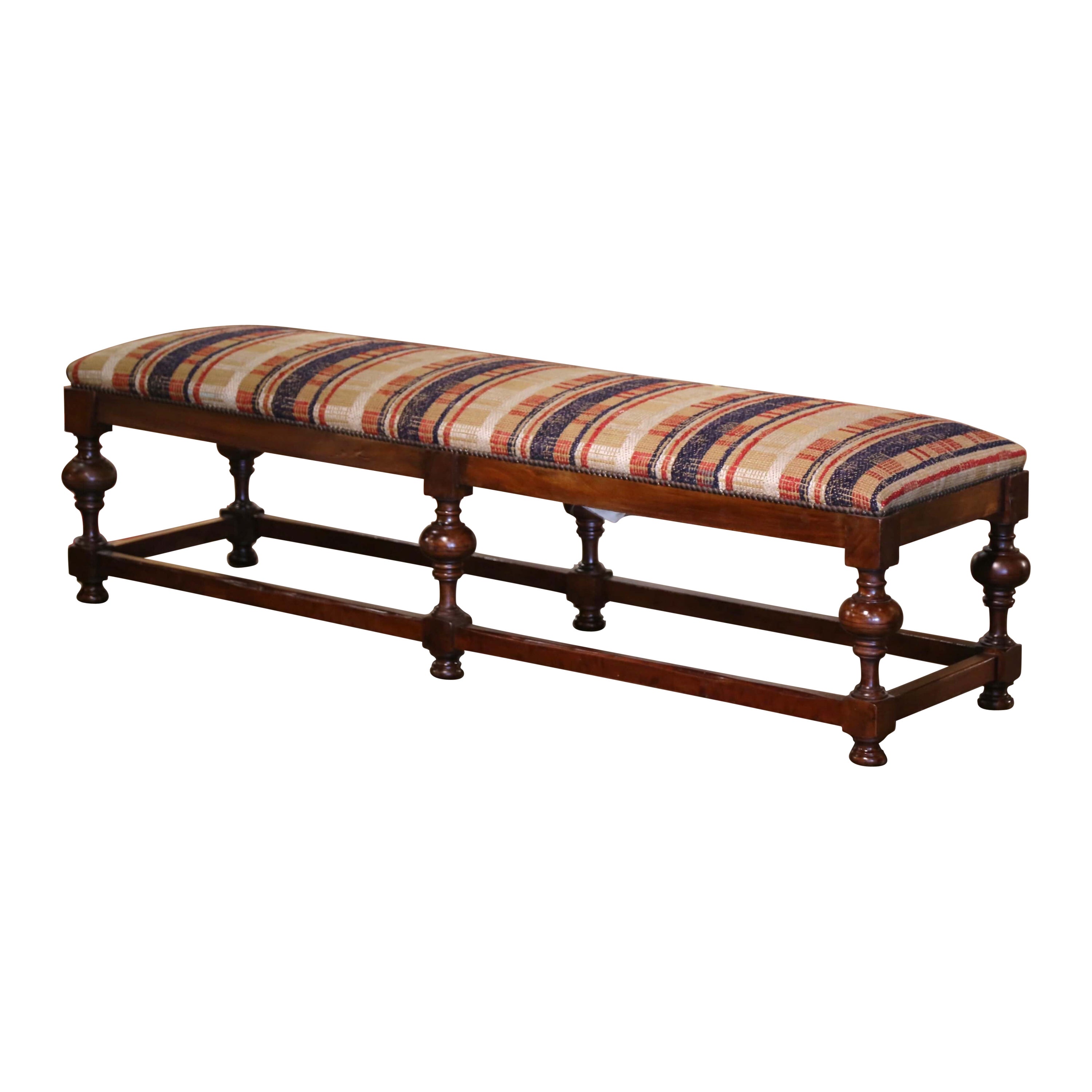 19th Century French Louis XIII Carved Walnut and Velvet Six-Leg Bench ...