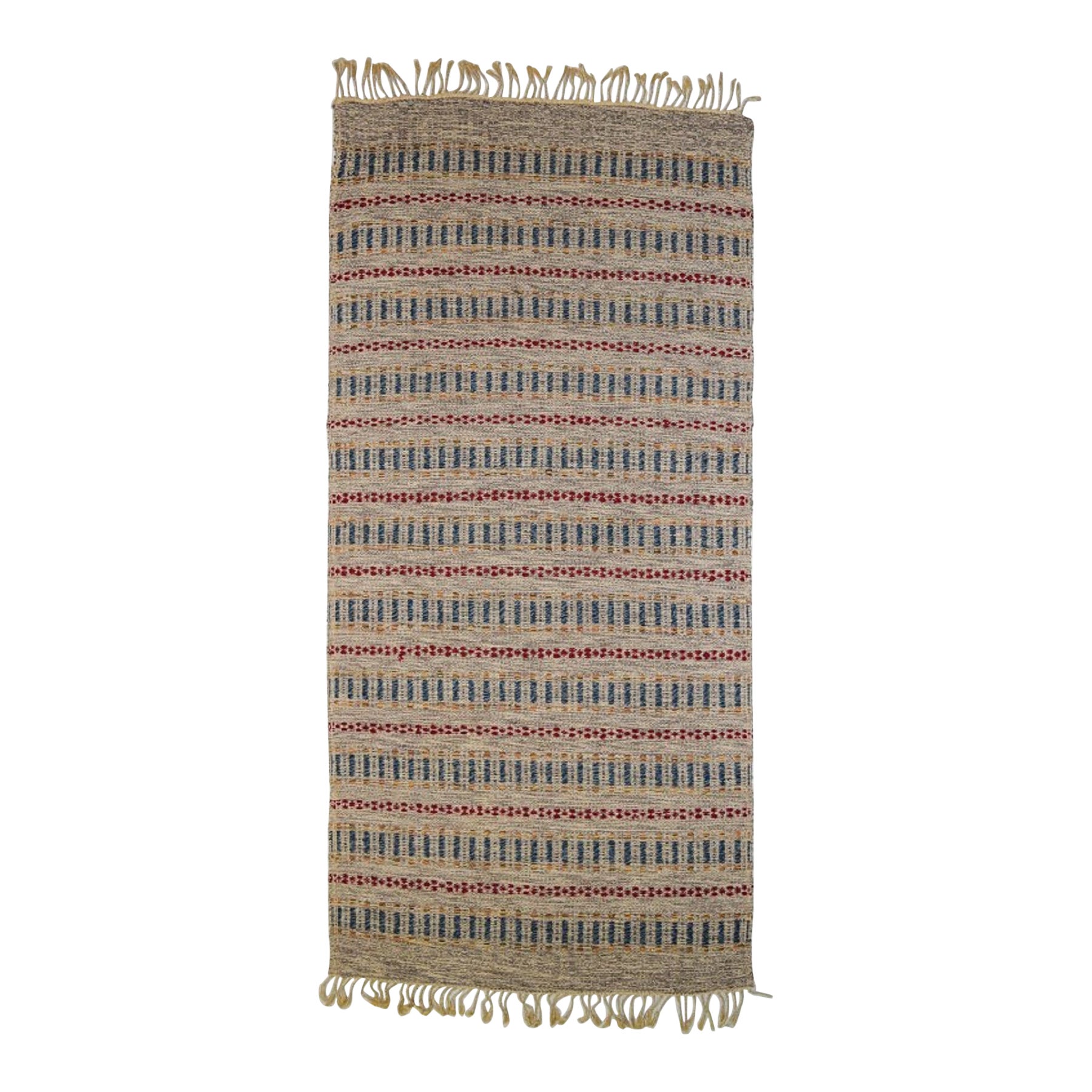 Swedish handwoven wool rug with fringes in the "Rölakan" technique. For ...