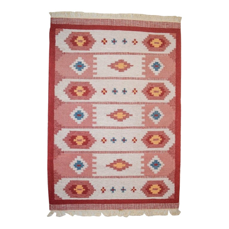 Swedish textile designer. Handwoven rölakan rug with fringes in pure ...