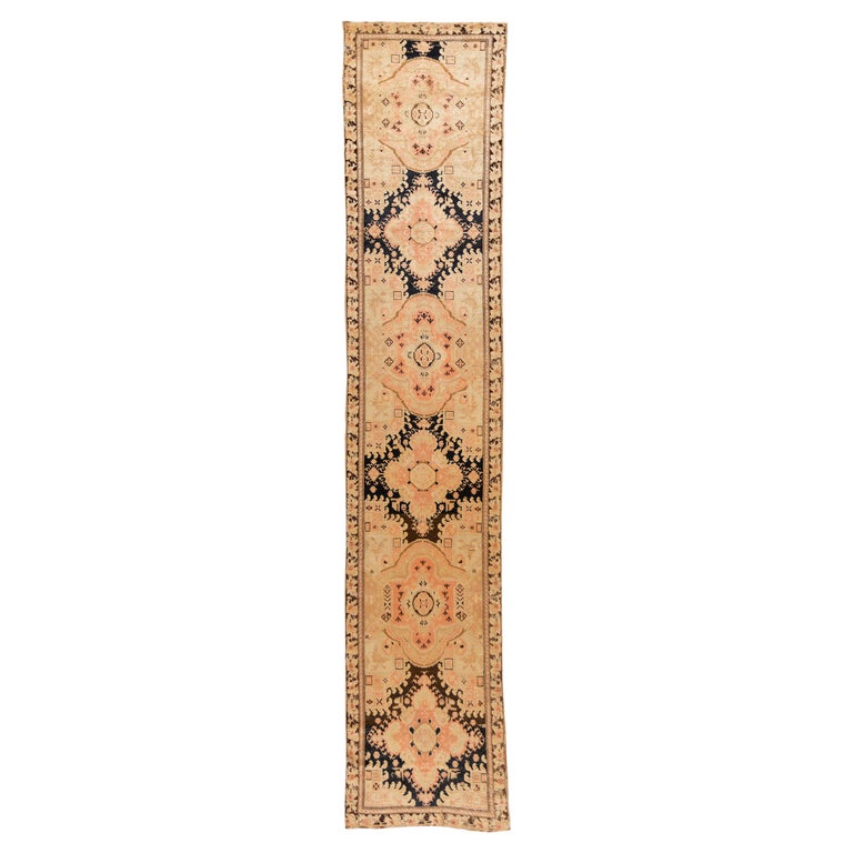 Long Antique Karabakh Handmade Beige Wool Runner with Medallion Design ...