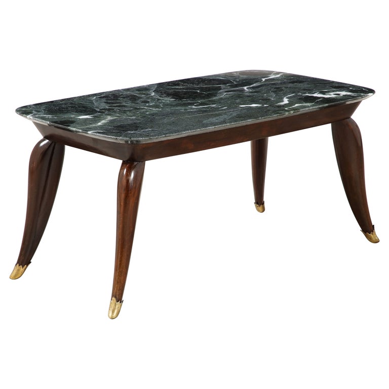 Italian Florentine Walnut and Verdi Alpi Marble Coffee Table, circa 1940 For Sale at 1stDibs
