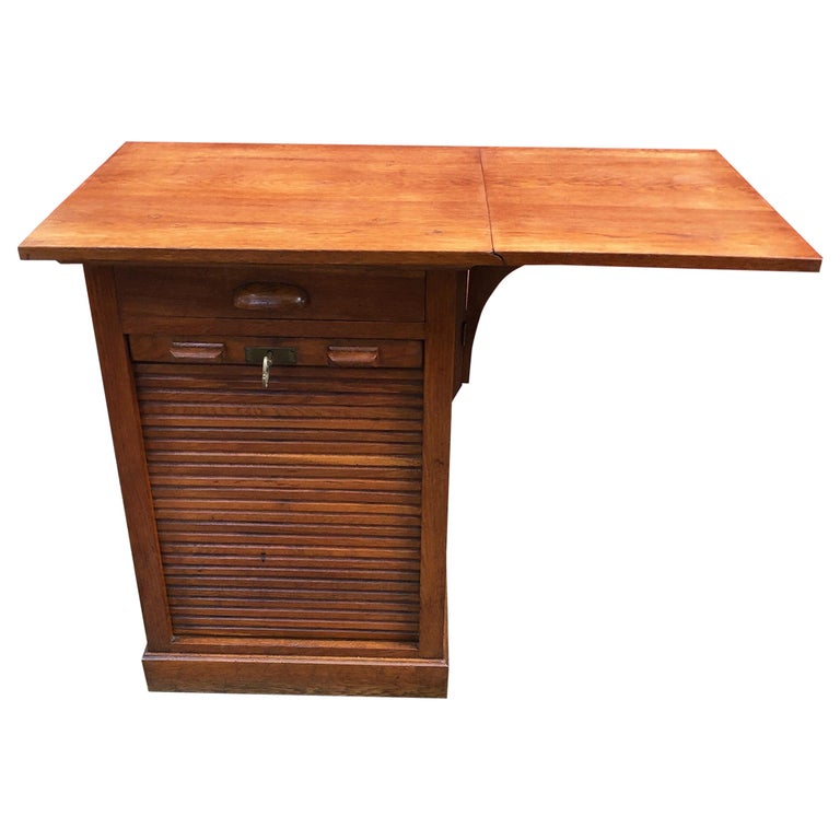 20th Sideboard Table in Solid Oak with Rolling Shutter and Internal Top ...