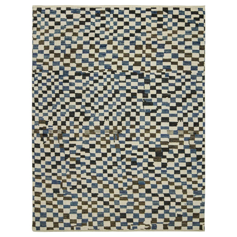 Rug and Kilim’s Moroccan Style Rug in White, Blue and Brown Checkered ...