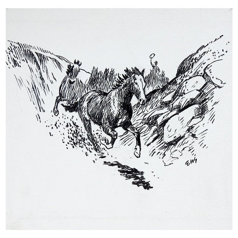 Mid-20th Century, Eugene Shortridge Wild Horses Pen and Ink Western ...