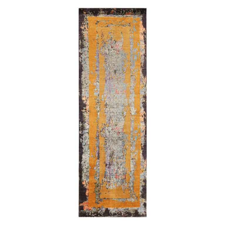 Rug and Kilim’s Modern Abstract Runner in Blue with Gold Patterns For ...