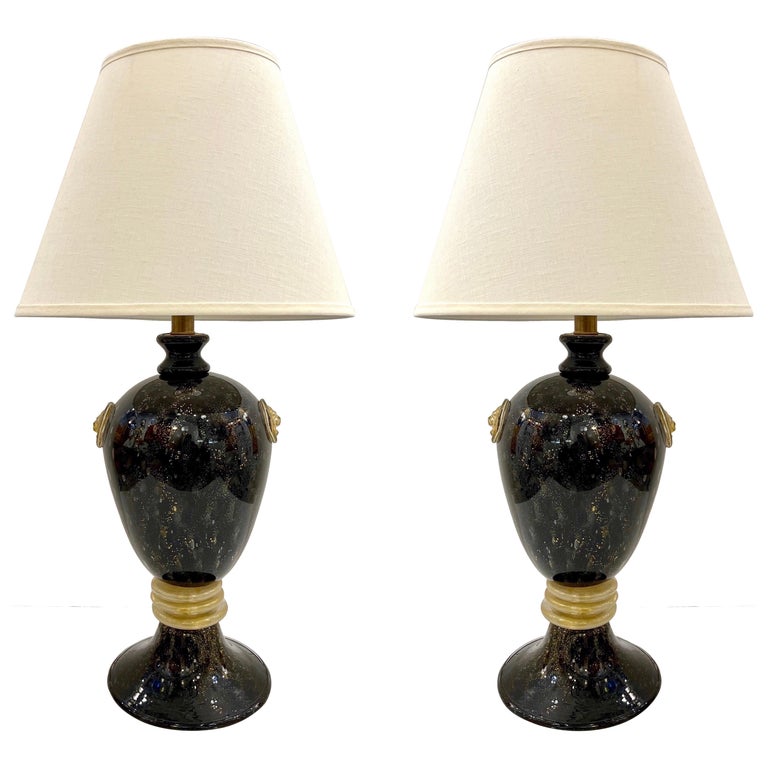 Seguso 1960s Italian Pair of Vintage Black and Gold Murano Glass Urn ...