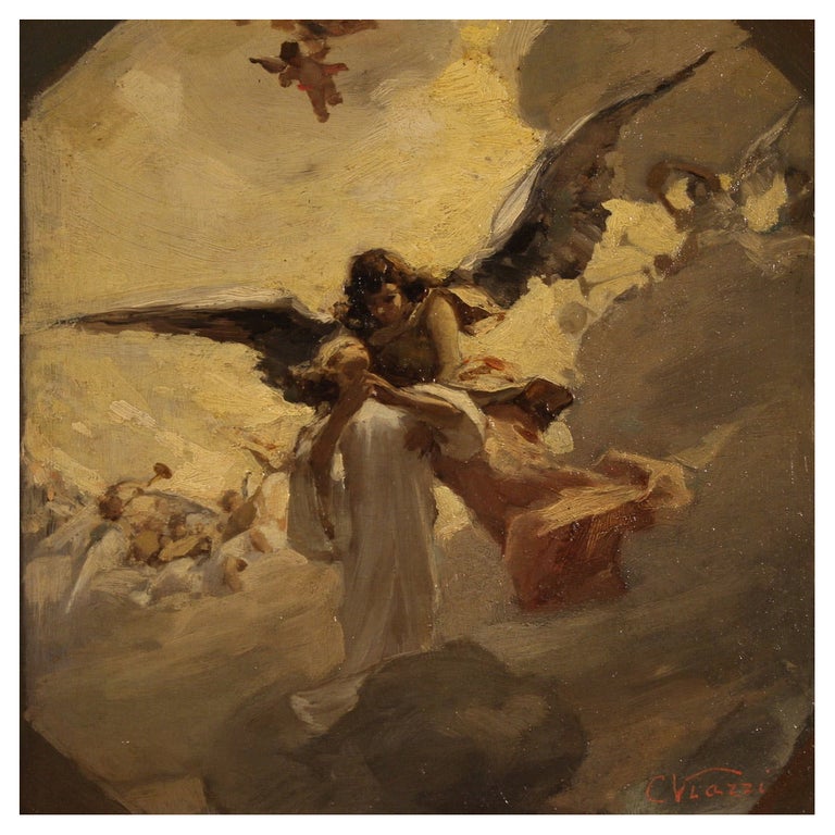 20th Century Oil on Board Italian Signed Viazzi Painting Guardian Angel ...