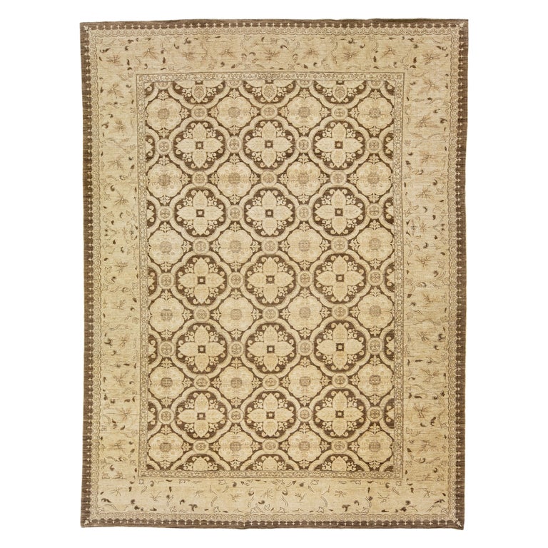 Beige and Brown Modern Handmade Indian Peshawar Wool Rug with Allover ...