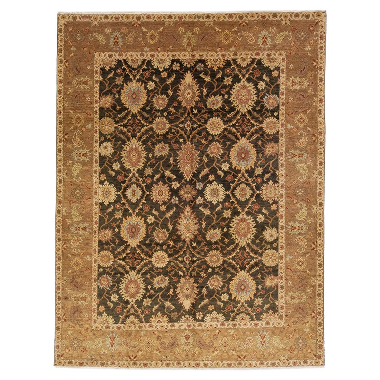 Contemporary Brown Peshawar Handmade Wool Rug with Floral Motif For ...