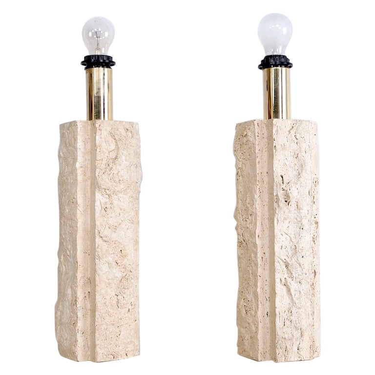 Pair of Large Travertine and Brass Table Lamps, Italy, c.1970 For Sale ...
