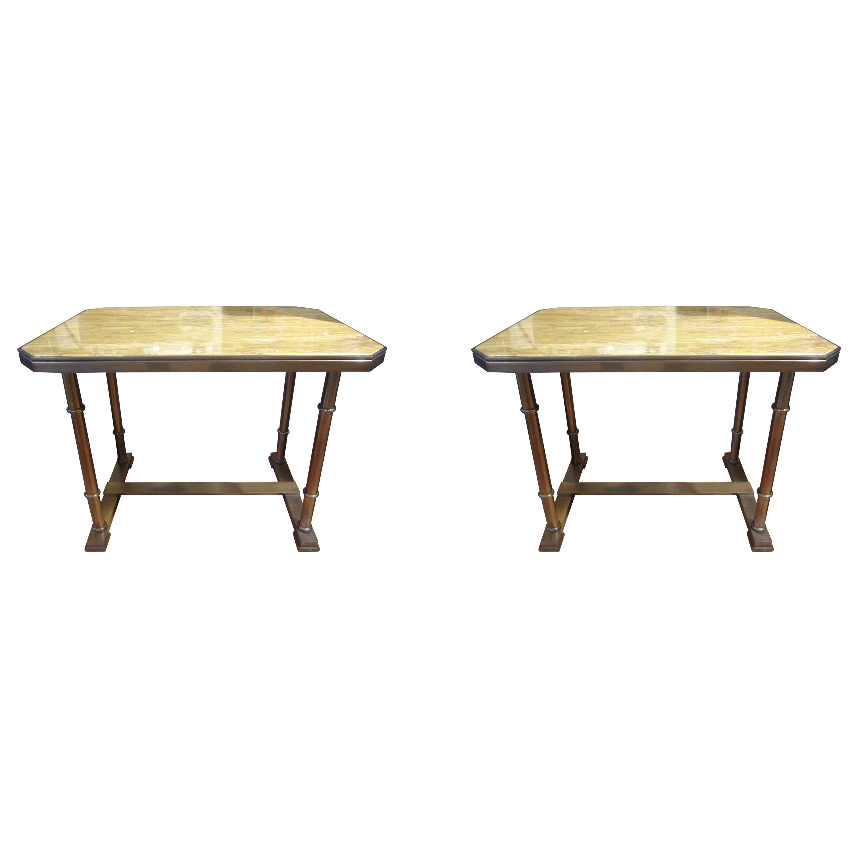 Pair Of French Brass And Fruitwood Tables Inspired By Jacques Adnet For ...